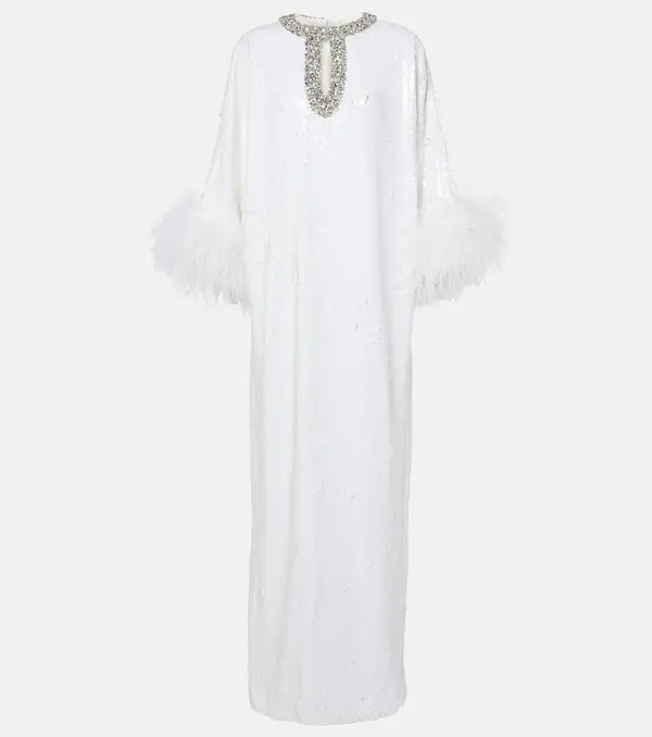 SELF-PORTRAIT Feather-trimmed Embellished Maxi Dress