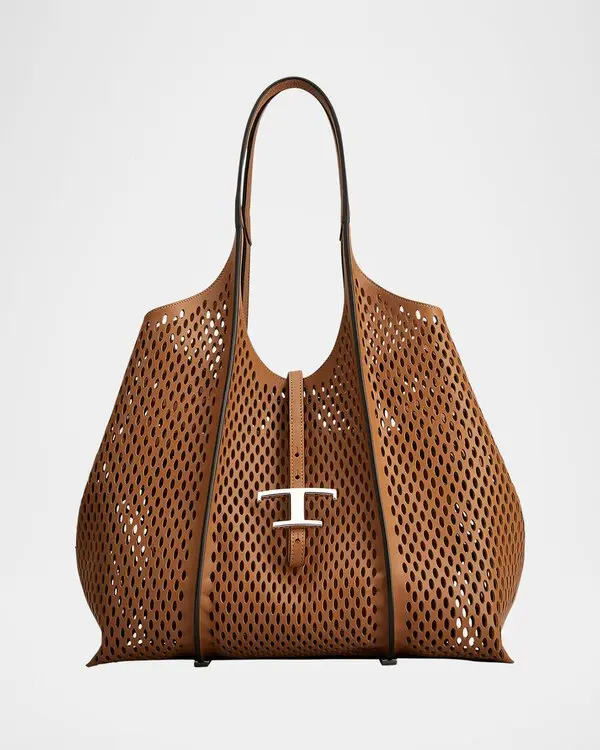 TOD'S Medium Laser-cut Leather T Timeless Shopping Tote - Kenia Scuro