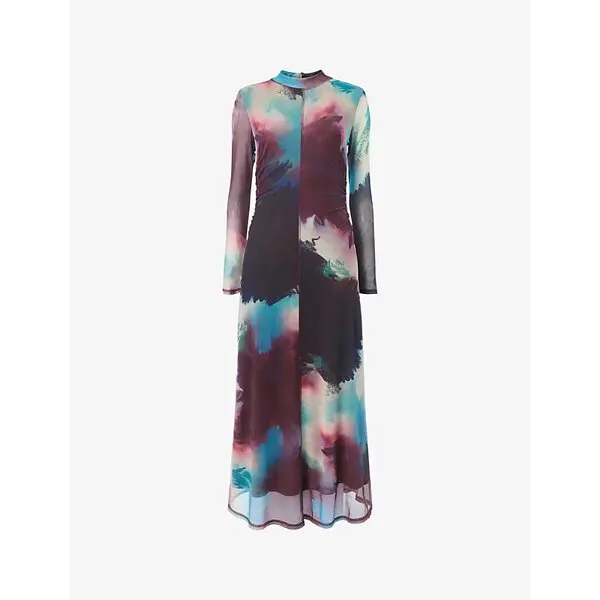 Whistles Oil Paint-print Slim-fit Stretch-mesh Midi Dress - Multi-coloured