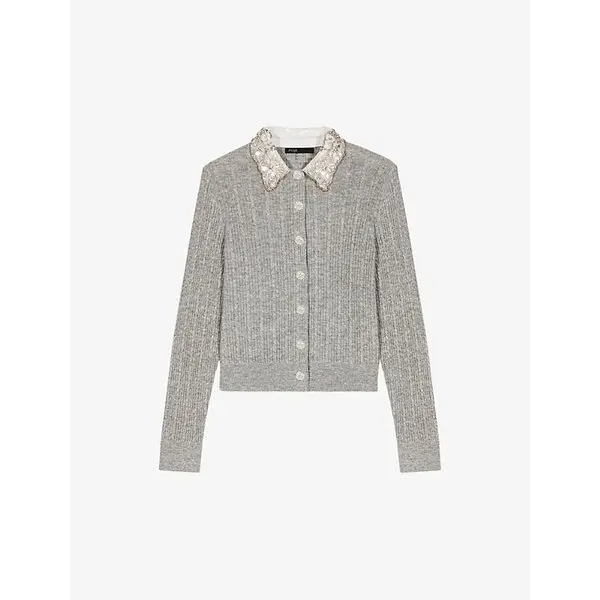Maje Wool And Cashmere Cardigan With Embellished Collar - Noir / Gris