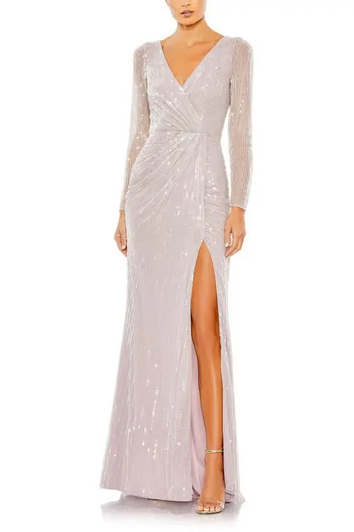Mac Duggal Sequined Faux Wrap Long Sleeve Gown - Lavender