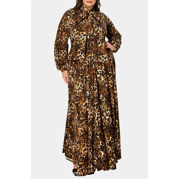L I V D Luciana Leopard Print Maxi Dress With Tie Neck