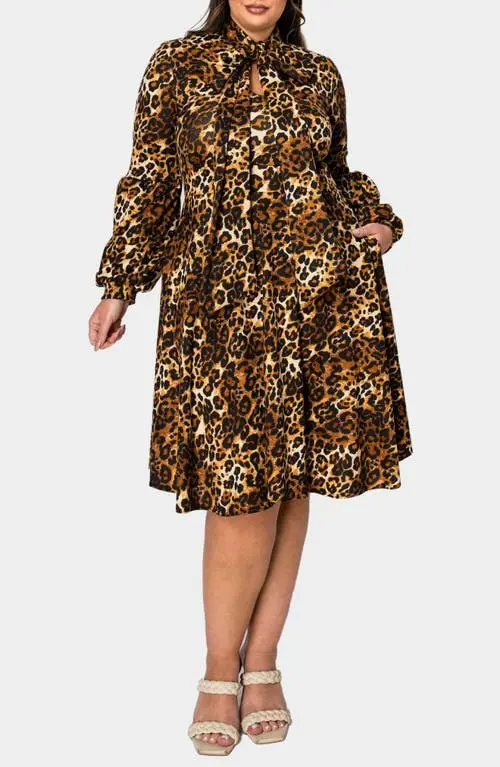 L I V D Zayleigh Leopard Print Tie Neck Long Sleeve Dress