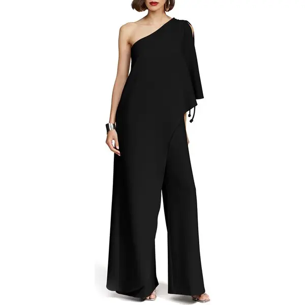 Halston Ignacia One-shoulder Wide Leg Crepe Jumpsuit - Black