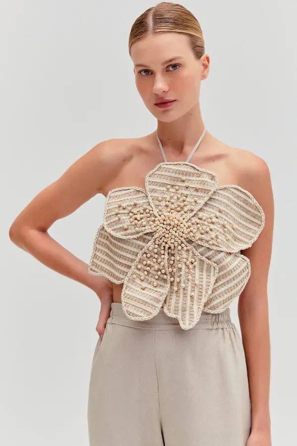 PatBO Candy Linen Hand Beaded Flower Crochet Top - Neutral