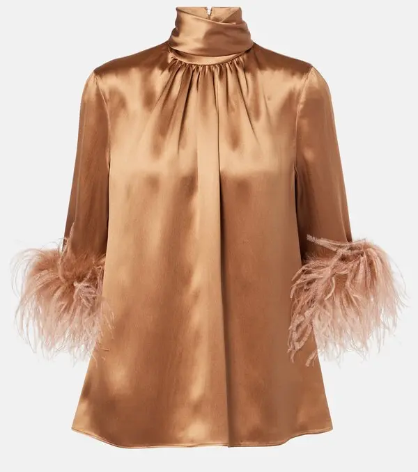Dolce & Gabbana Feather-trimmed Silk Satin Blouse - Brown