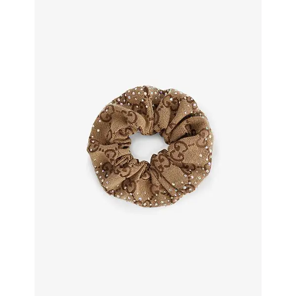 Gucci Gg Monogram Crystal-embellished Canvas Scrunchie - Sand/light Brown