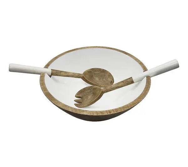 GODINGER Wood & Enamel Salad Bowl With Servers