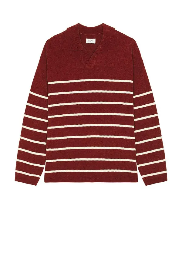 Saturdays Nyc Mole Yarn Stripe Skipper Knit Polo In Red - Brick
