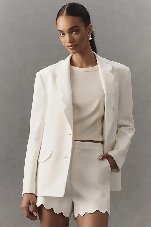English Factory Scallop-lapel Blazer Jacket - Ivory