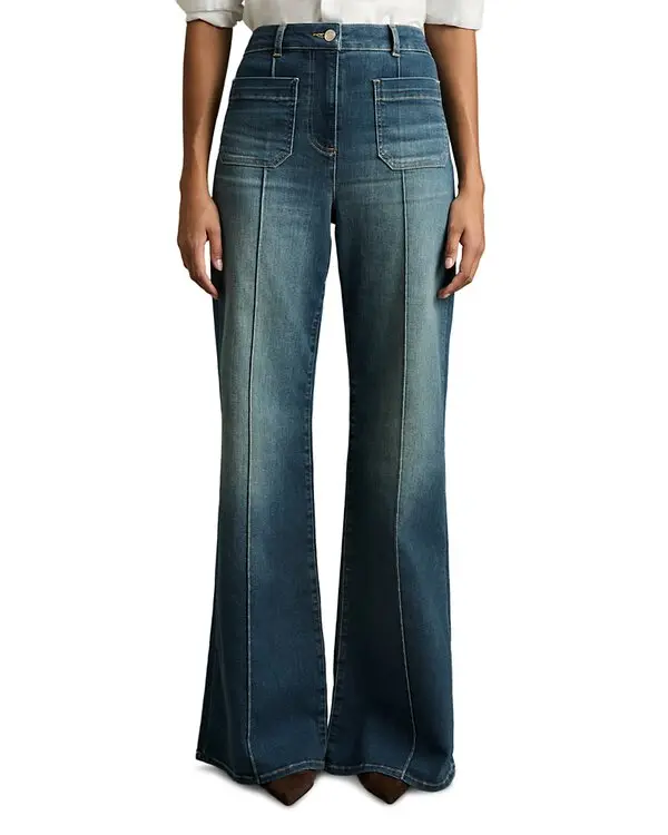 REISS Patch Pocket High Rise Flare Jeans - Mid Blue