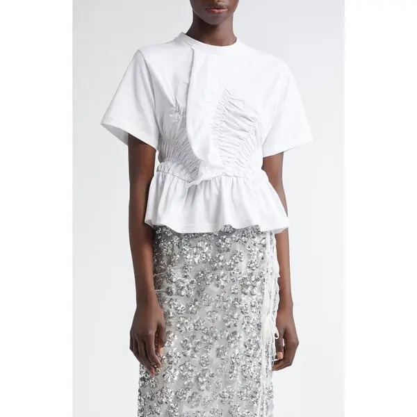 Cecilie Bahnsen Ace Smocked Jersey Peplum Top