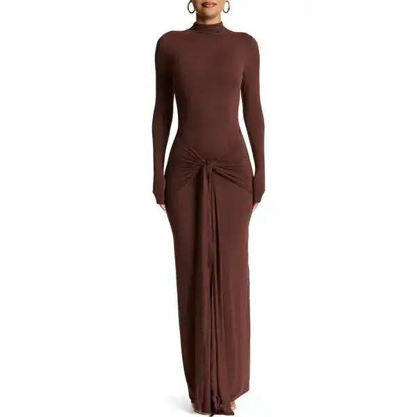 fitted lace wedding dress Naked Wardrobe Women's Drape Long Sleeve Maxi Dress - Black main image 1