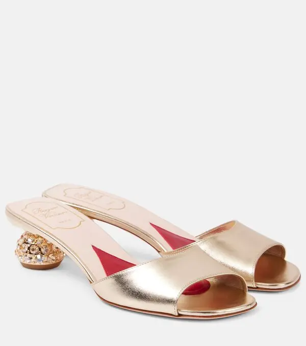 ROGER VIVIER Embellished Metallic Leather Mules - Gold