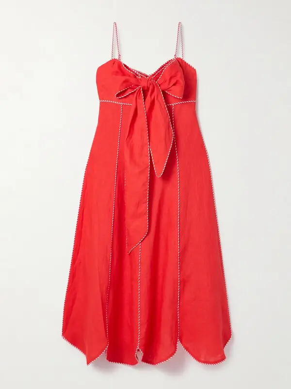 Farm Rio Bow-Embellished Scalloped Linen Midi Dress In Red - 50% Off |  Editorialist