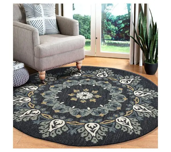 OX BAY TRADING CO. Ox Bay Charcoal/teal Floral Medallion Wool Indo Or 6' Round Rug