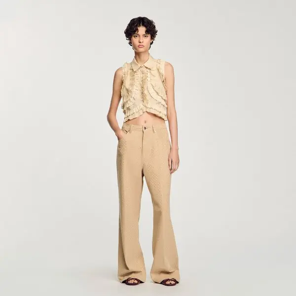 Sandro Ruffled Linen Cropped Shirt - Sand