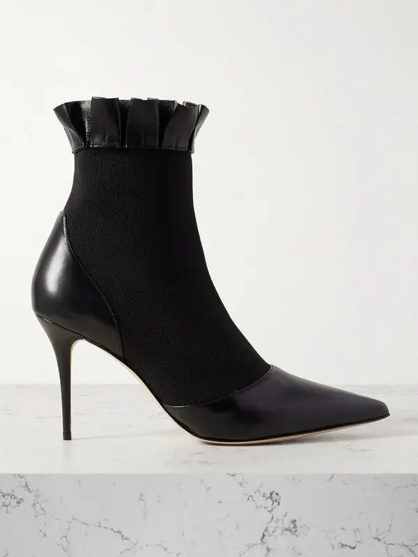 Manolo Blahnik Nafar 90 Stretch-knit And Ruffled Leather Ankle Boots