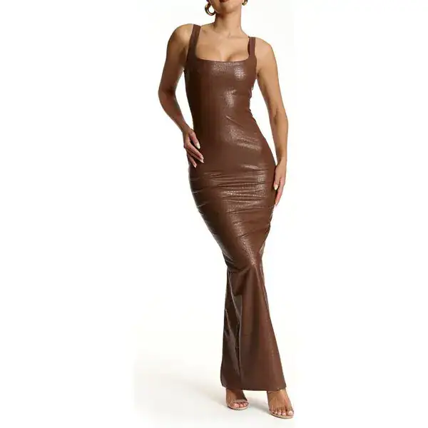 Naked Wardrobe Croc Embossed Faux Leather Maxi Dress In Chocolate - 35% Off  | Editorialist