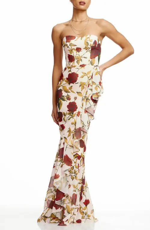 Dress The Population Paris Floral Ruffle Gown - Cream Multi
