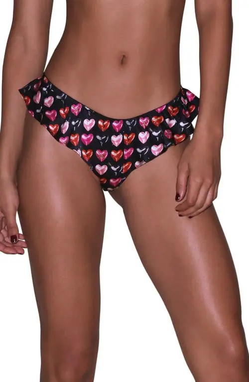 Fleur Du Mal Luxe High Leg Flutter Silk Blend Thong - Black Mini Heartbreaker Print