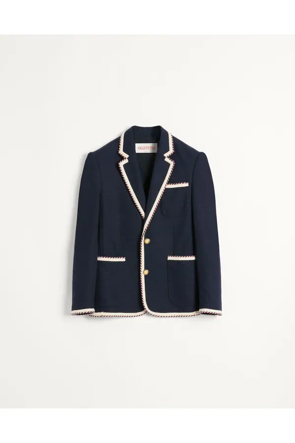 Valentino Garavani Single-breasted Jersey Cotton Jacket With Torchon Piping - Black