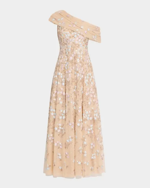 NEEDLE & THREAD Everett Bloom One-shoulder Embroidered Gown - Beige