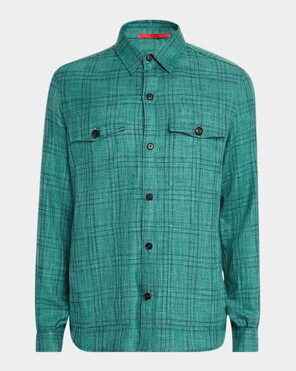 Isaia Wool, Cotton, And Linen Check Overshirt