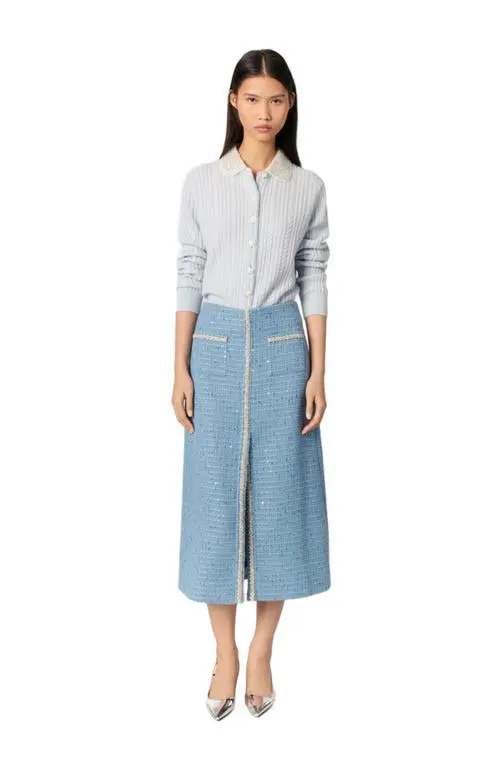 Maje Sequin Tweed Midi Skirt