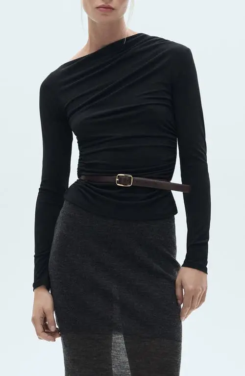 Mango Asymmetric Gathered Long Sleeve Top - Black