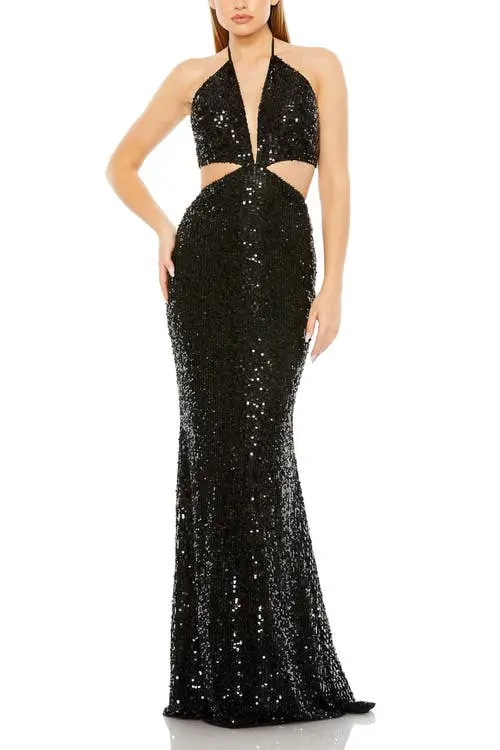 Mac Duggal Cut-out Halter Sequin Gown - Black