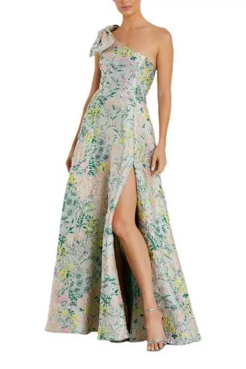Mac Duggal One-shoulder Brocade Gown With Bow - Pastel Multi