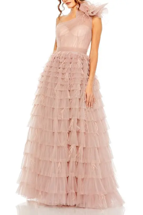 Mac Duggal One-shoulder Feathered A-line Gown - Dusty Rose