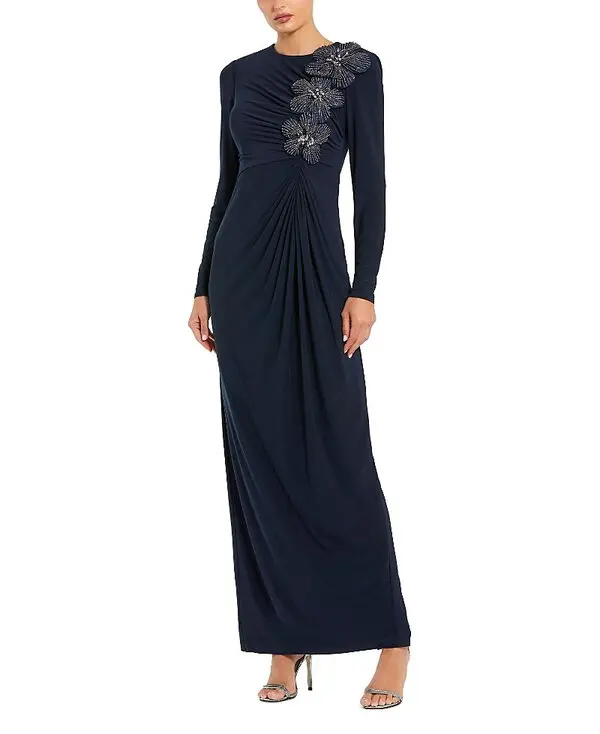 Mac Duggal Jersey Fitted Gown With 3d Floral Appliqu - Midnight