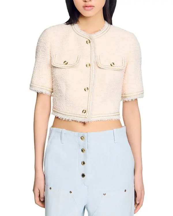 Sandro Short Sleeve Tweed Jacket - Ecru/pink