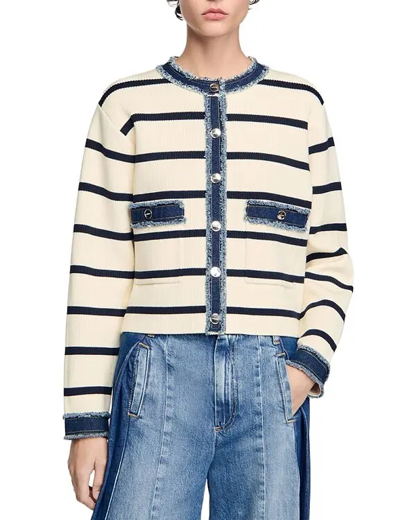 Sandro Striped Cardigan With Denim Detail - Ecru