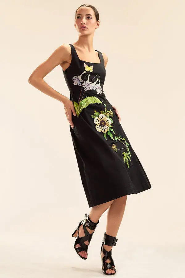 Cynthia Rowley Embellished Bellflower Midi Dress - Black / Multicolor