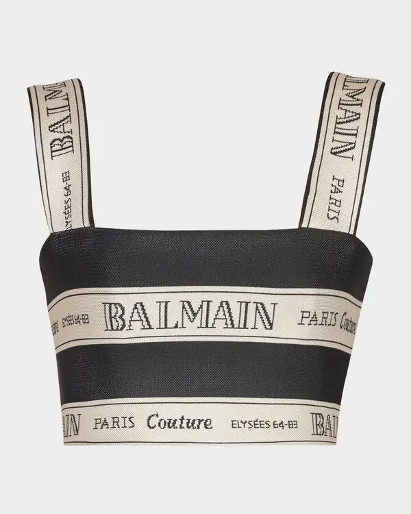 Balmain Striped Logo Jacquard Crop Top - Blkbeige