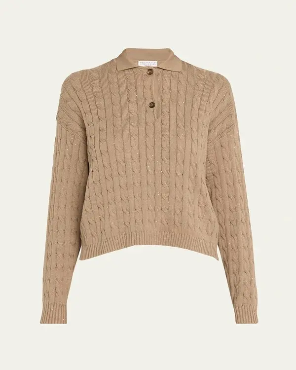 Brunello Cucinelli Micro Sequined Cable-knit Polo Sweater - Nutshell