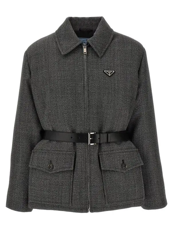 Prada Triangle-Logo Belted Checked Jacket In Multi - 30% Off | Editorialist