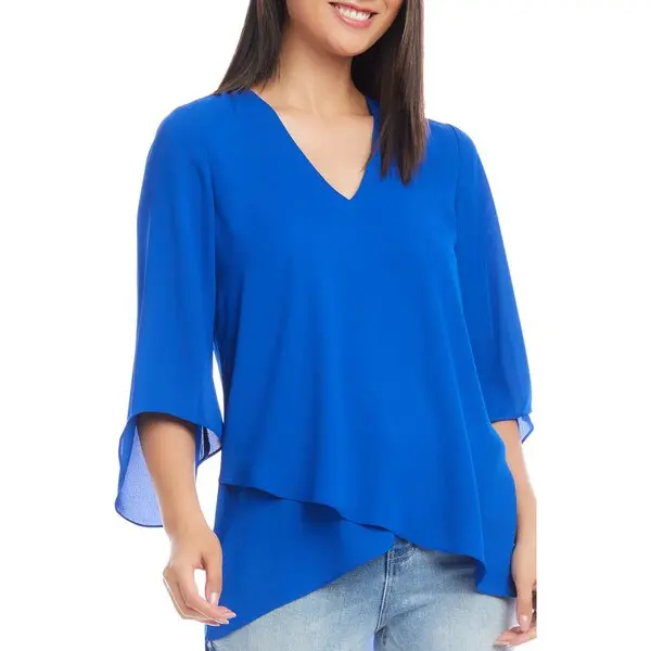 Karen Kane Asymmetric Crepe Faux Wrap Top - Blue