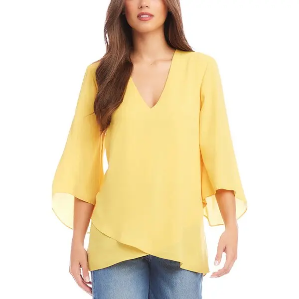 Karen Kane Asymmetric Crepe Faux Wrap Top - Yellow