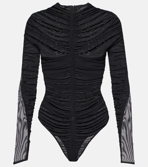 MUGLER Sheer Ruched Bodysuit - Black