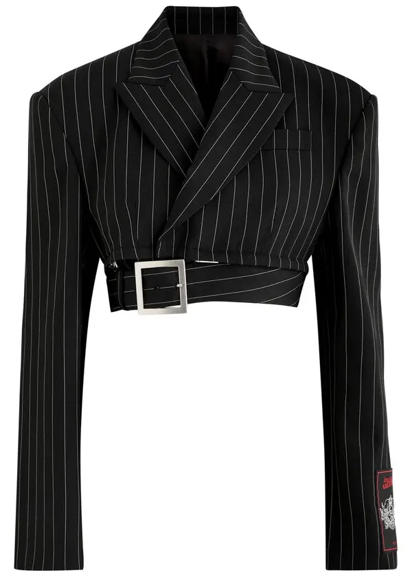 Jean Paul Gaultier Pinstriped Cropped Wool Blazer - Black And White