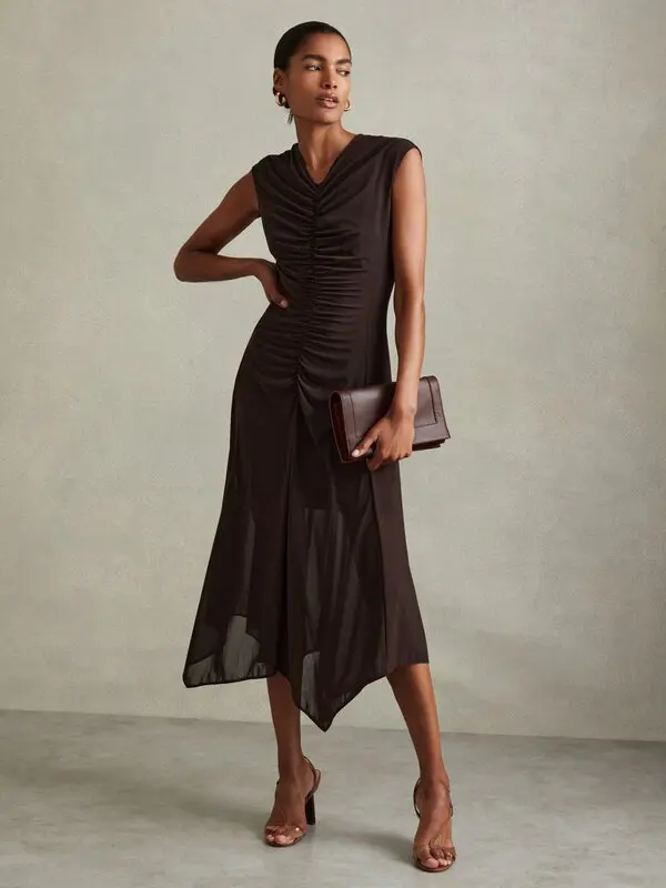 REISS Lyra Mesh Ruched Midi Dress