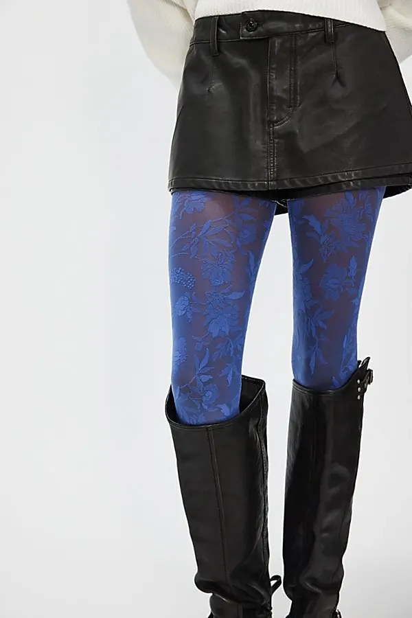 Free People Floral Jacquard Tights - Bluebird