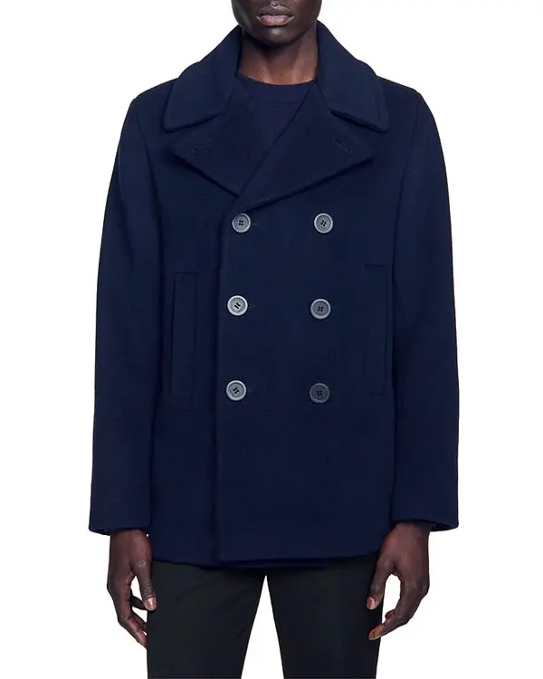 Sandro Wool Blend Pea Coat - Navy Blue