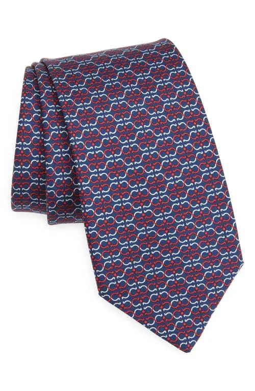 FERRAGAMO Zelig Gancini Print Silk Tie - Navy/ Rosso