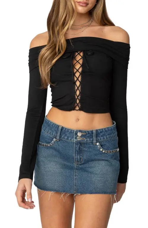 EDIKTED Off The Shoulder Lace Up Crop Top