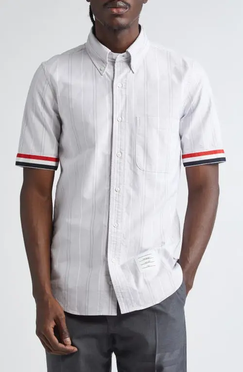 Thom Browne Straight Fit Stripe Short Sleeve Cotton Button-down Shirt